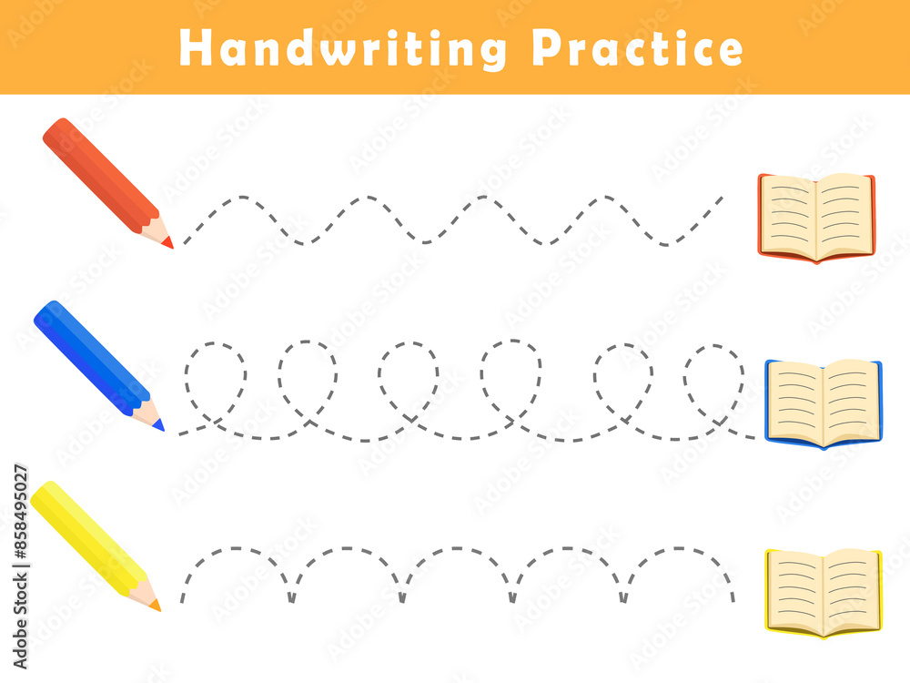 Handwriting practice sheet with cute colored pencil illustration ...