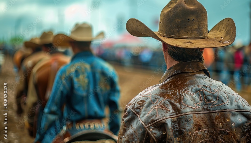 Cowboys in traditional attire gathering at a rodeo event, showcasing ...