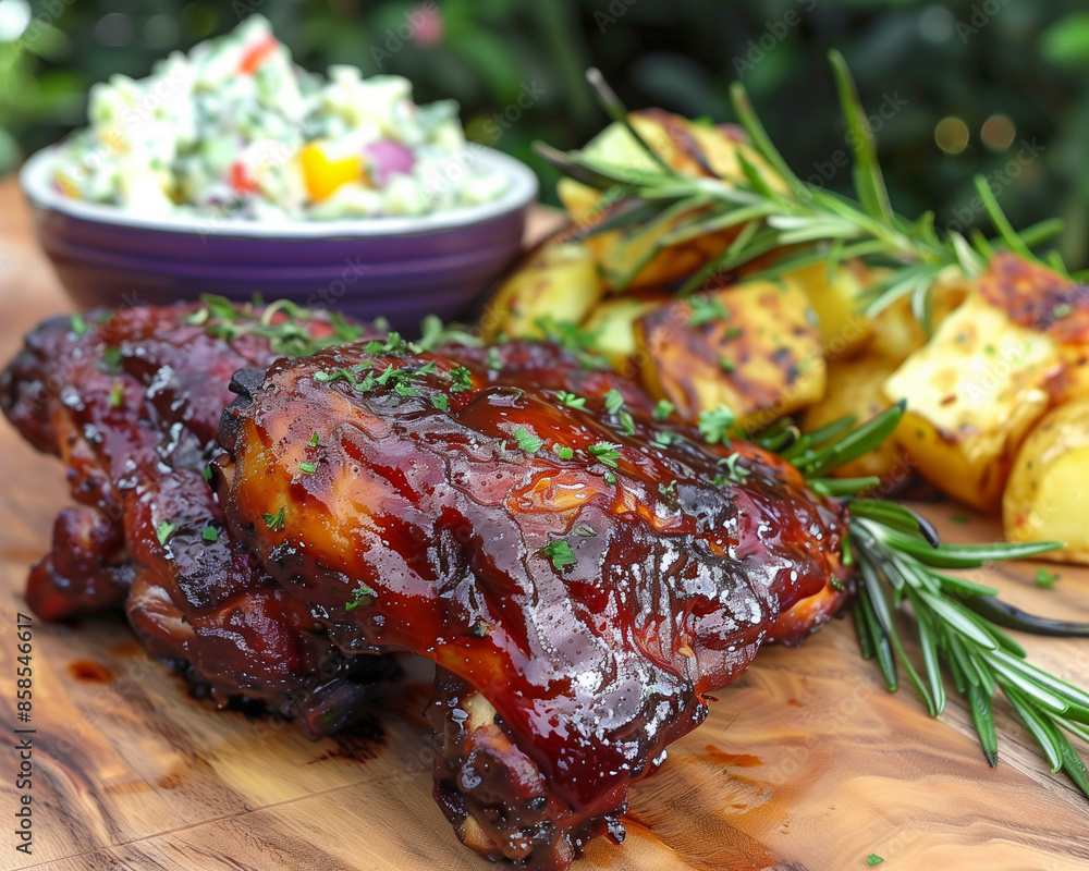 smoky texas bbq chicken thighs with crispy skin and juicy meat, served ...