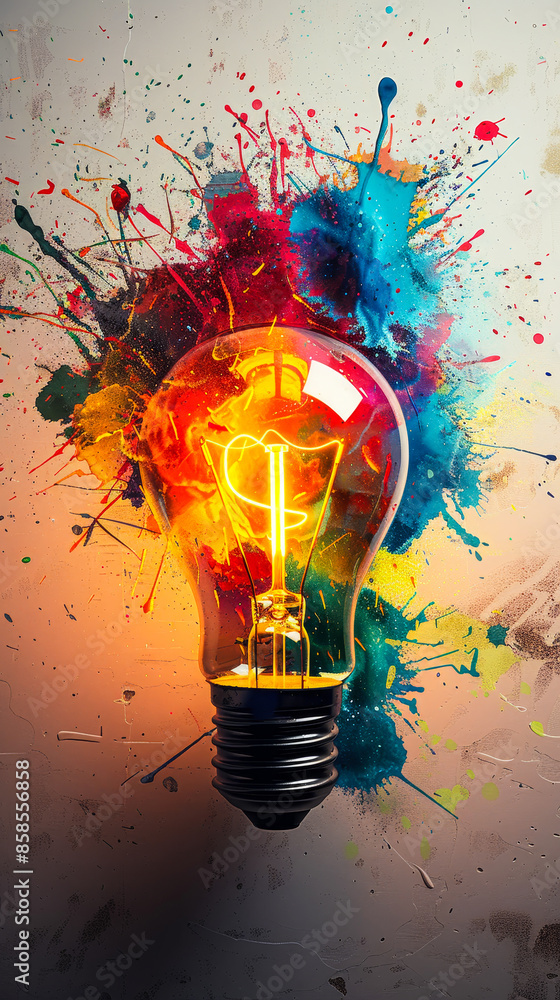 Bright Light Bulb Surrounded by Vibrant Color Splash Representing ...