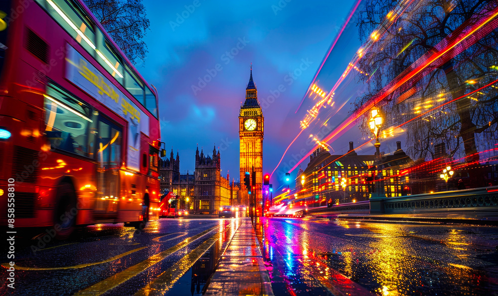 Big Ben and Double-Decker Bus in Motion, Reflective Streets of London ...