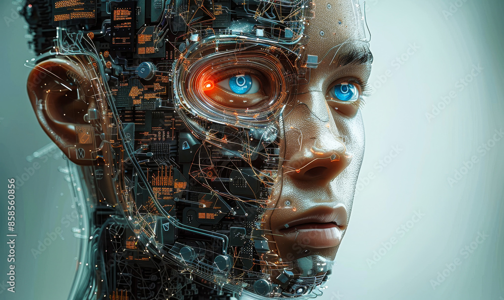 Cyborg AI Hybrid with Human Features and Digital Interface, Futuristic ...