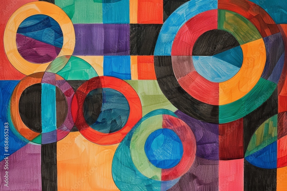 Vibrant abstract painting with colorful circles and squares, a dynamic blend of shapes and ...
