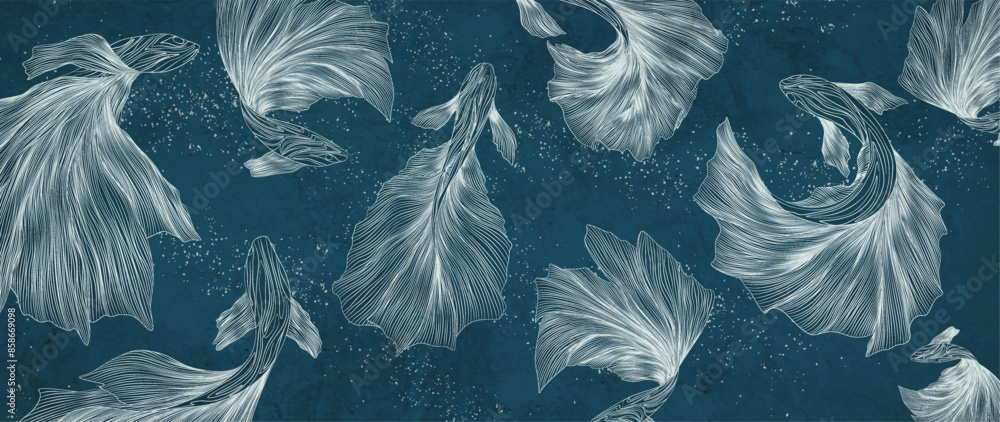 Luxury art background with hand drawn koi fish in golden line art style ...