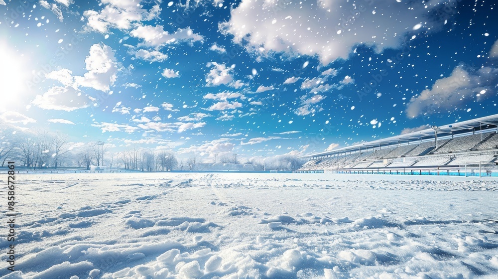 Snow-covered soccer field in a stadium, blue sky with scattered white ...