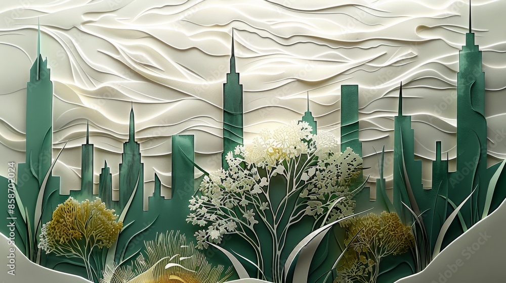 Papercraft landscape depiction of a green city, in a constrained ...