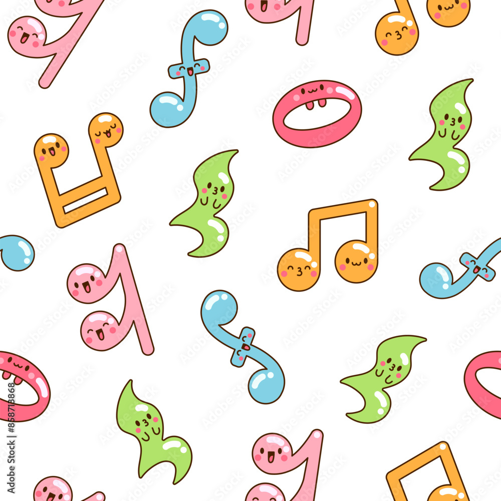 Cute kawaii music notes. Seamless pattern. Funny cartoon character ...