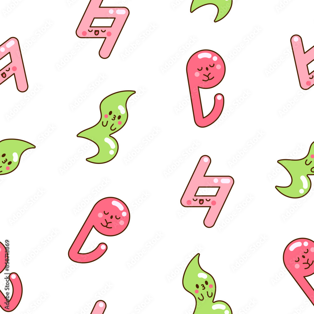 Cute kawaii music notes. Seamless pattern. Funny cartoon character ...