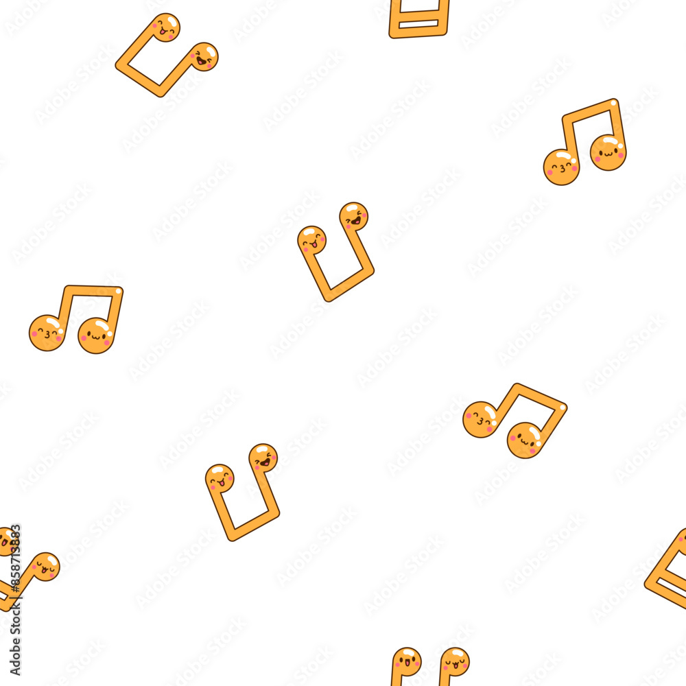 Cute kawaii music notes. Seamless pattern. Funny cartoon character ...
