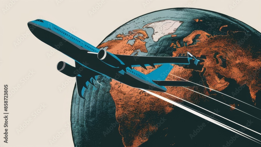 Artwork depicting an airplane journey around the world, capturing the ...