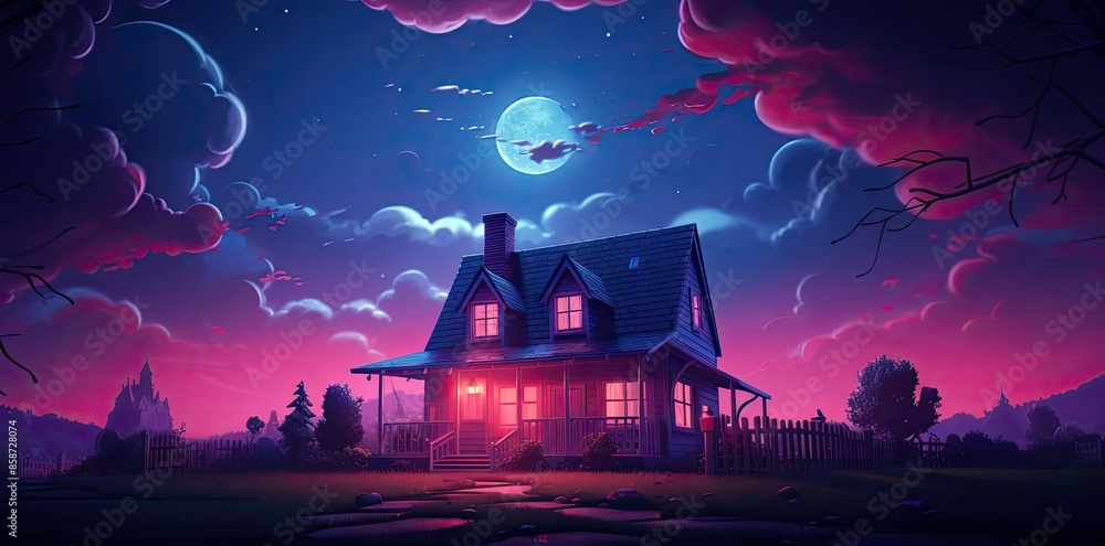 trap house background with moon and clouds, surrounded by trees and a ...