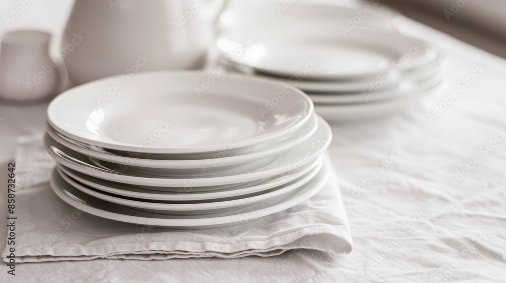 Elegant stack of white plates on a clean white table, raw texture ...