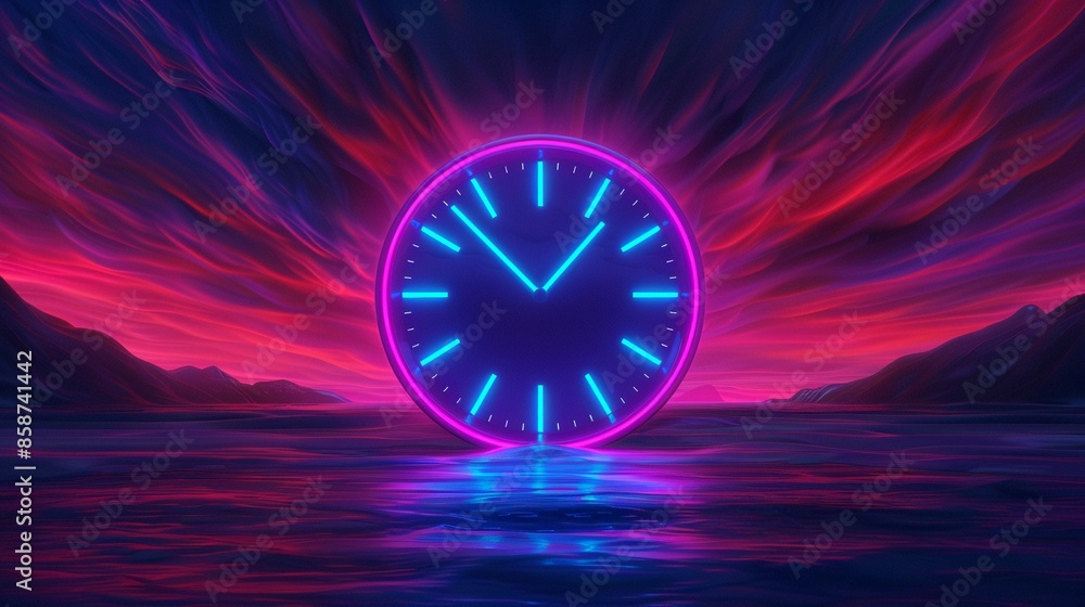 Psychedelic clock with vibrant, swirling sunset colors, Surreal, Bright neon hues, Digital art ...