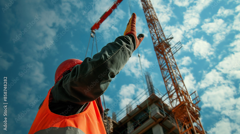 Rigger wearing protective aids standing using a hand signal by moving ...