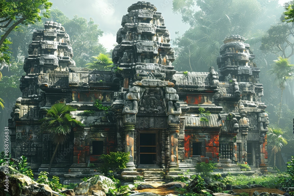 An ancient temple lost in the jungle. Delicate ferns grow from the ...