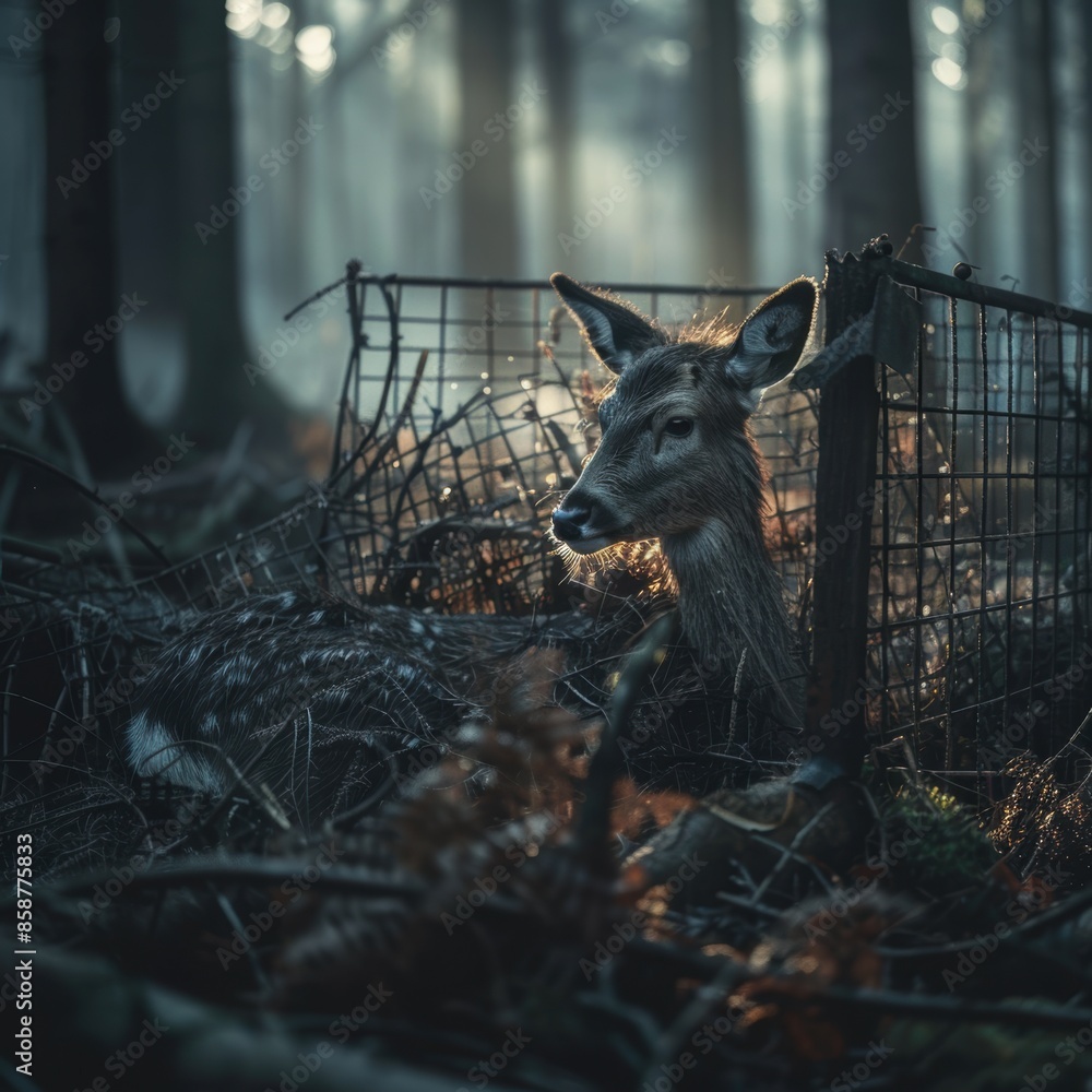 Trapped deer in a misty forest, symbolizing vulnerability and ...