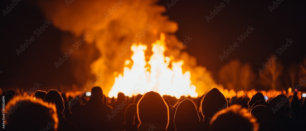 Crowds gathered around a large bonfire on Guy Fawkes Night, the flames ...
