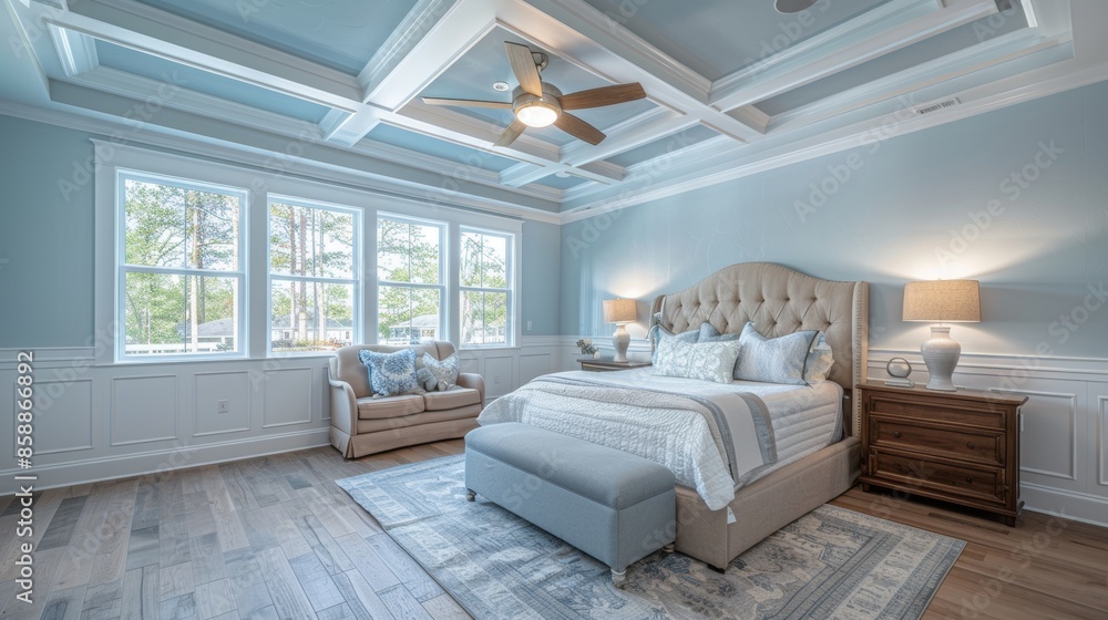 Beautiful Light Blue Custom Master Bedroom Complete with Entire Wainscoting Wall. Fresh Paint ...