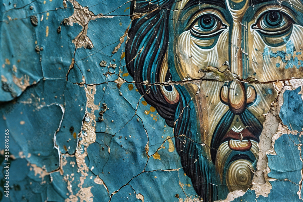 Fragmented Byzantine Mural Depicting a Solemn Male Face, Exhibiting ...