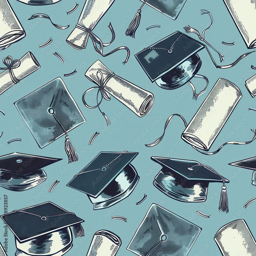 An illustration of a seamless pattern with graduation caps and diplomas ...