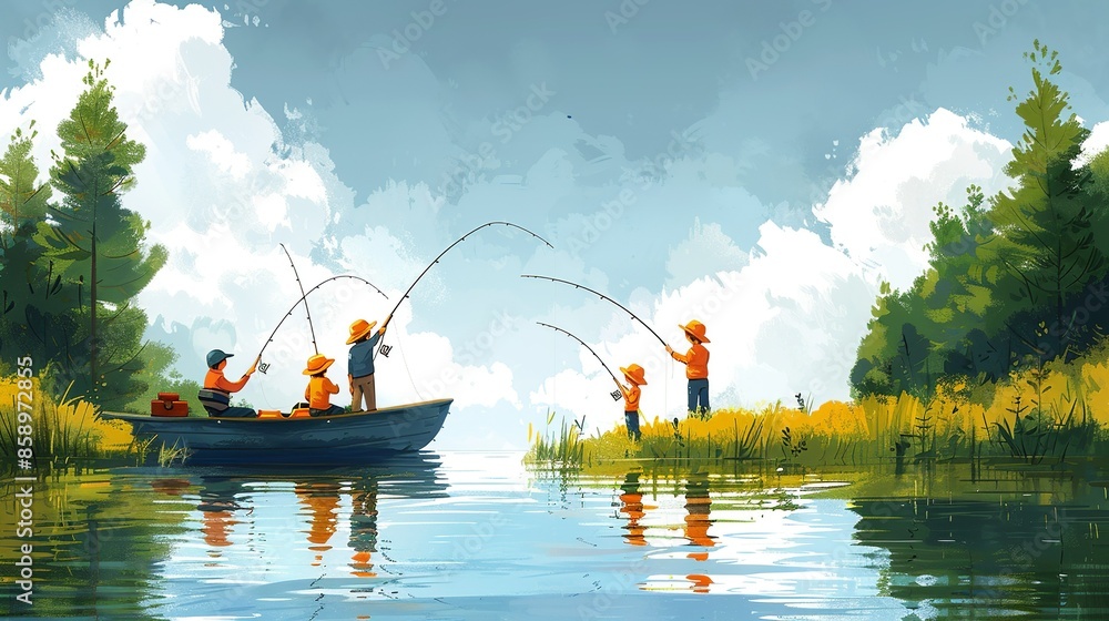 Draw a family enjoying a fishing trip at a lake. Show a boat with ...