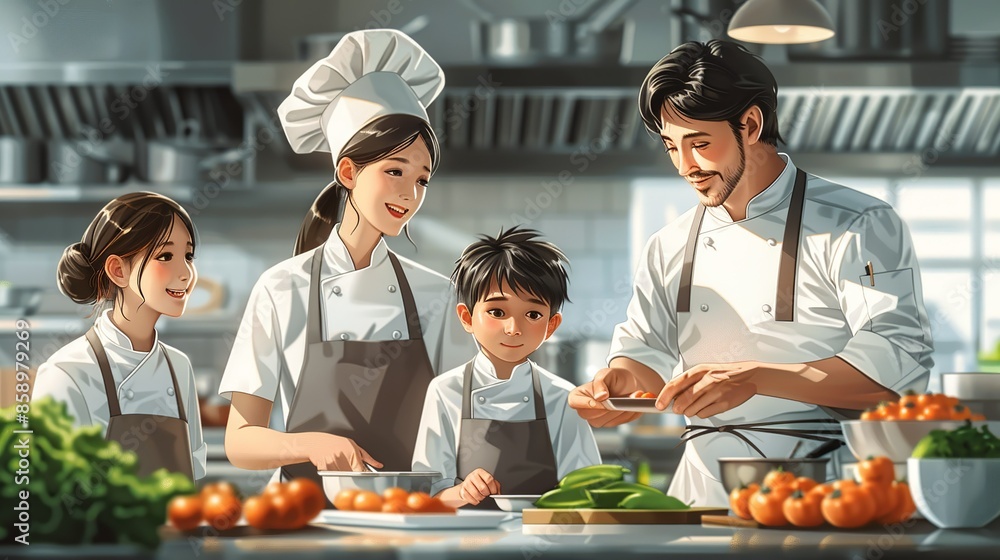 Illustrate a family taking a cooking class together. Show a ...