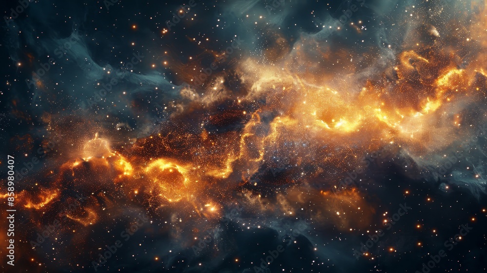 Cosmic space background with a fragmented bonfire, fiery embers ...