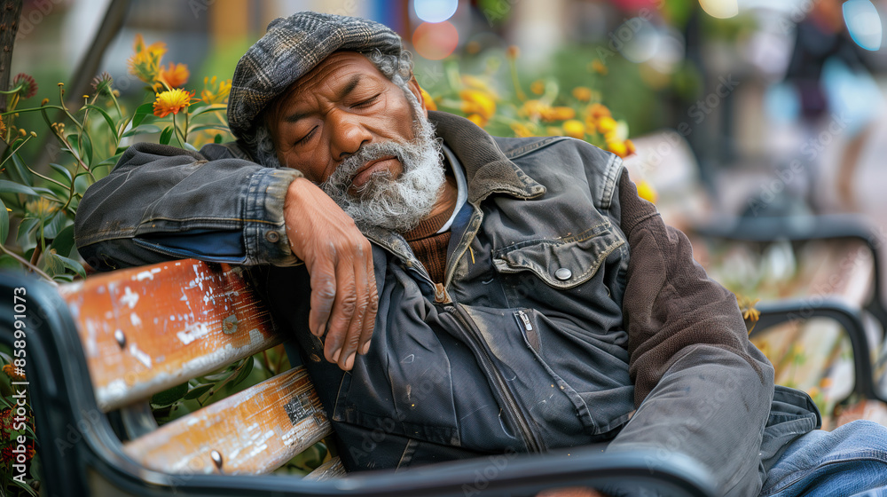 Debt slavery - big problems of today's society. A homeless man naps on ...