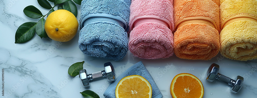 wide horizontal fitness and workout cover background with dumbbell and ...