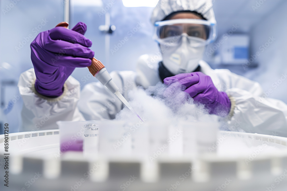Lab assistant performing cryogenic preservation of biological samples ...
