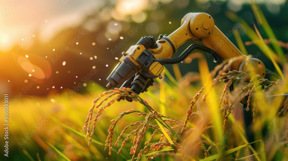 Robotic arm equipped with AI tools working in a rice paddy Stock Photo ...