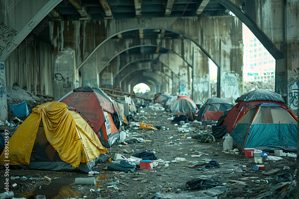 A tent city under a bridge where abandoned and homeless people live. A ...