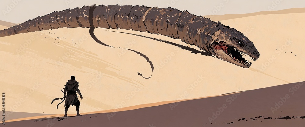 A huge sandworm attacks a wanderer walking through the desert, he has ...