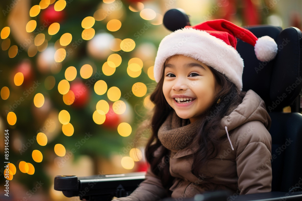 Adorable Asian disabled girl in a wheelchair with a Christmas hat ...