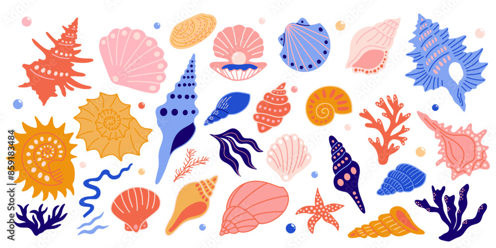 Cartoon seashells, seaweed, algae, mollusks, corals vector illustration ...