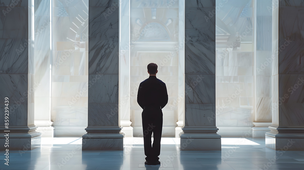 Security guard in black stands with back to museums . Concept Security ...