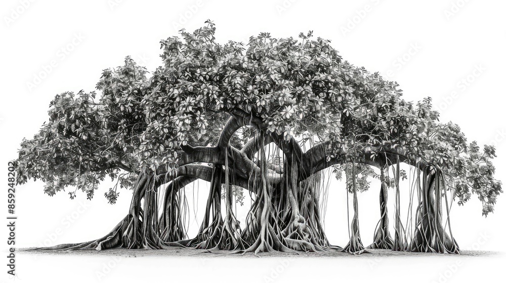 Banyan tree with its iconic aerial roots, creating an enchanting and ...