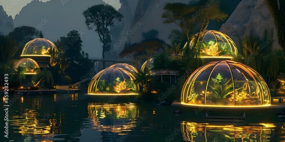 Tranquil riverside scene in solarpunk city with illuminated floating biodomes. Concept Solarpunk ...