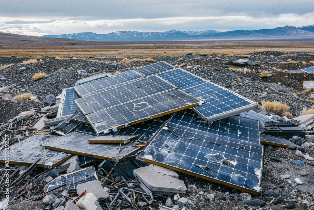 Pile of broken solar panels lying on the ground, highlighting the need ...