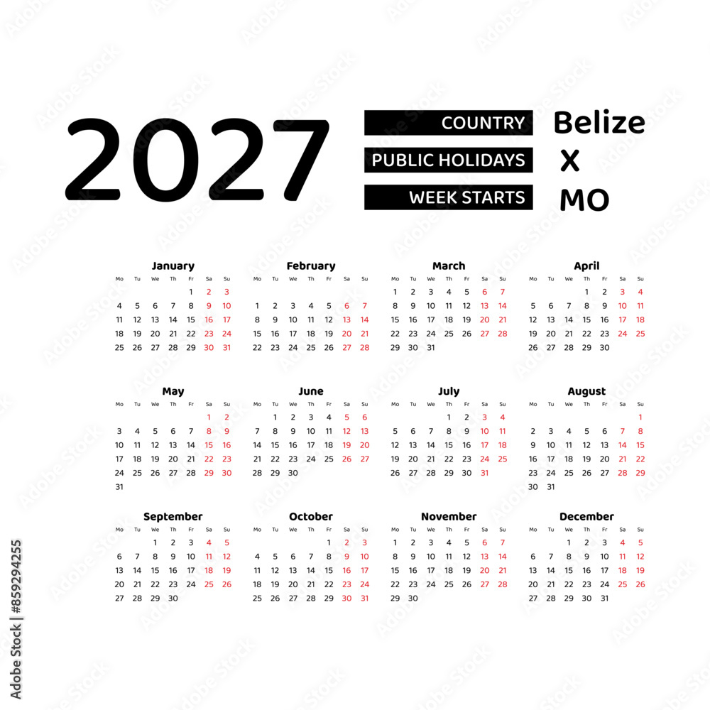 Стоковое векторное изображение «Belize Calendar 2027. Week starts from ...