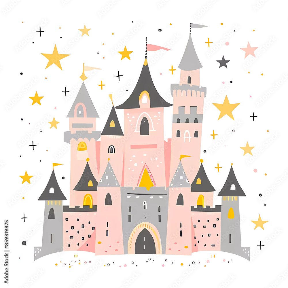 Cute fairy tale princess castle, baby print.Simple cartoon flat ...