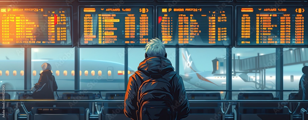 Departure board with flight information in a detailed illustration ...