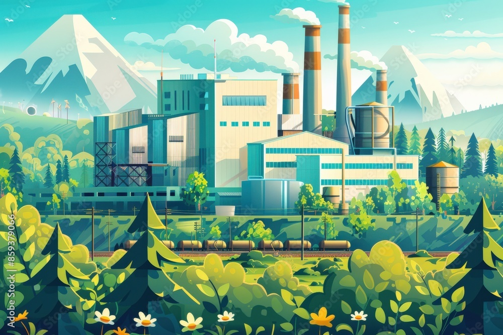 Clipart illustration of a biomass energy facility converting organic ...