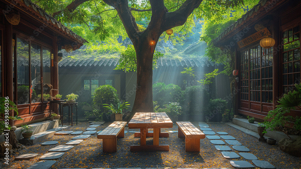 Chinese-style courtyard, shaded by trees, with an old banyan tree in ...