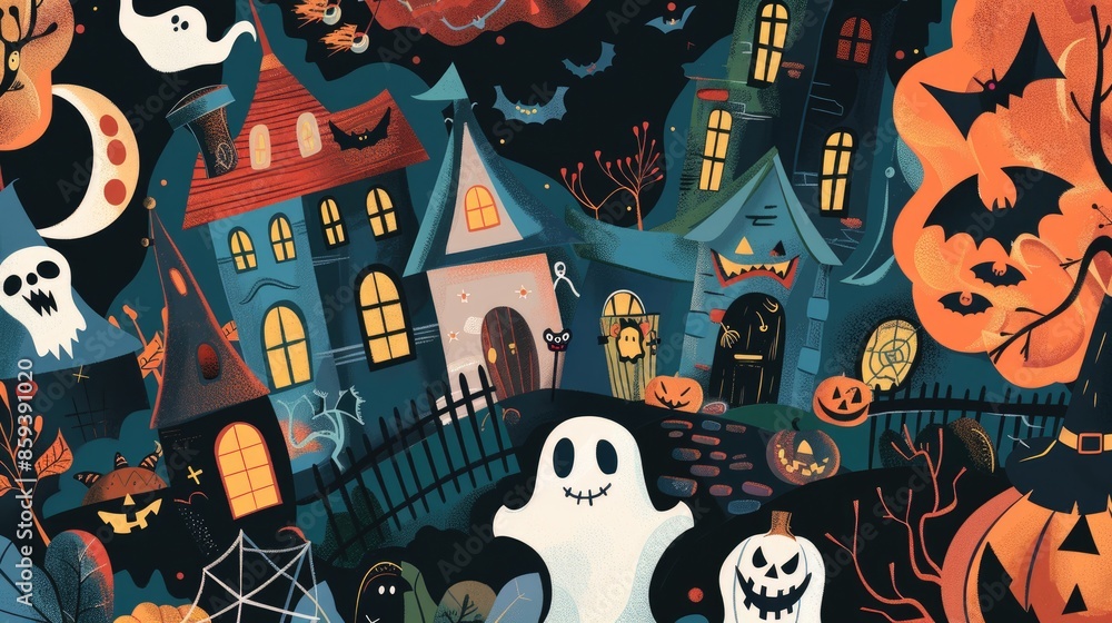 Halloween night wallpaper flat design top view spooky theme cartoon ...