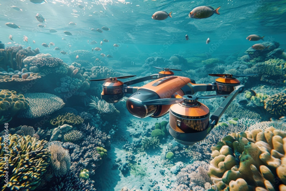 Realistic illustration of AI-powered drones mapping ocean ecosystems ...