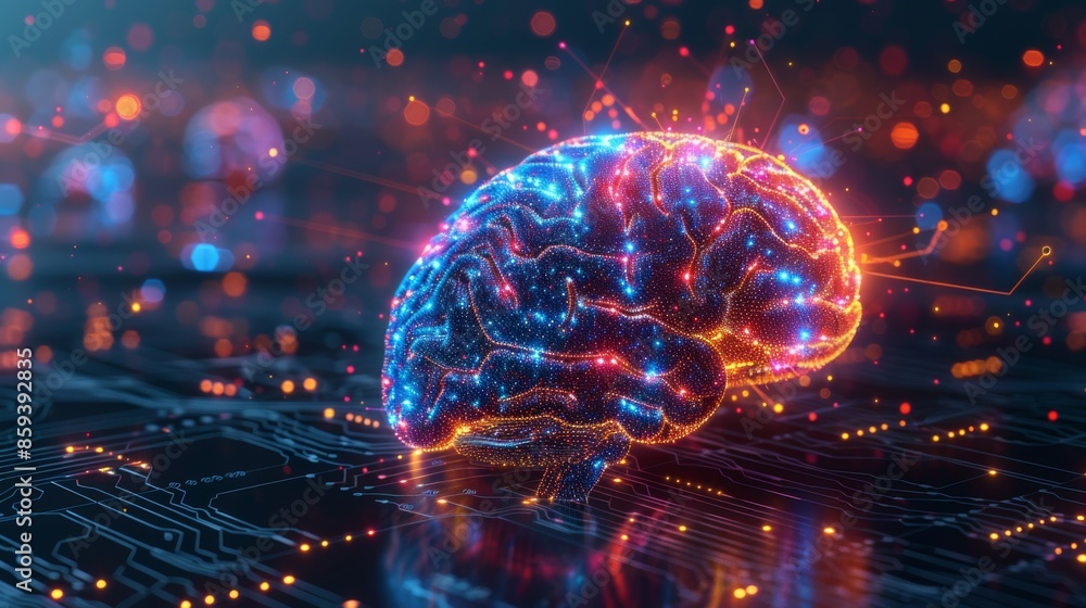 Digital Brain, AI: Binary code and neural network visuals surrounding ...