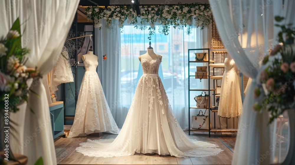 A bridal boutique with an elegant display of wedding dresses on ...