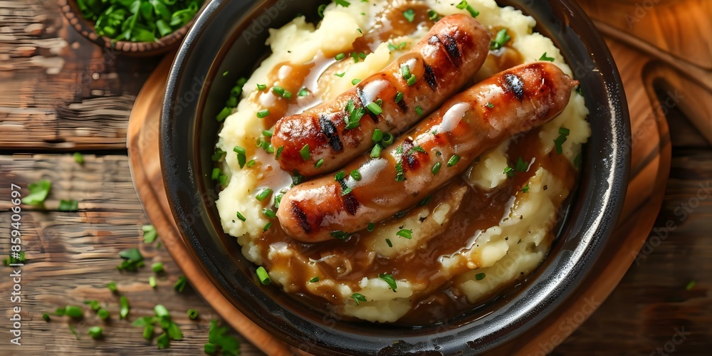 British dish of sausages mashed potatoes and gravy Bangers and Mash ...