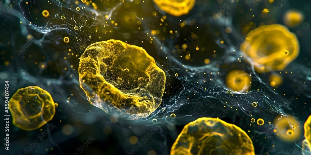 Microscopic view of yellow cells dividing human or embryonic stem cells ...